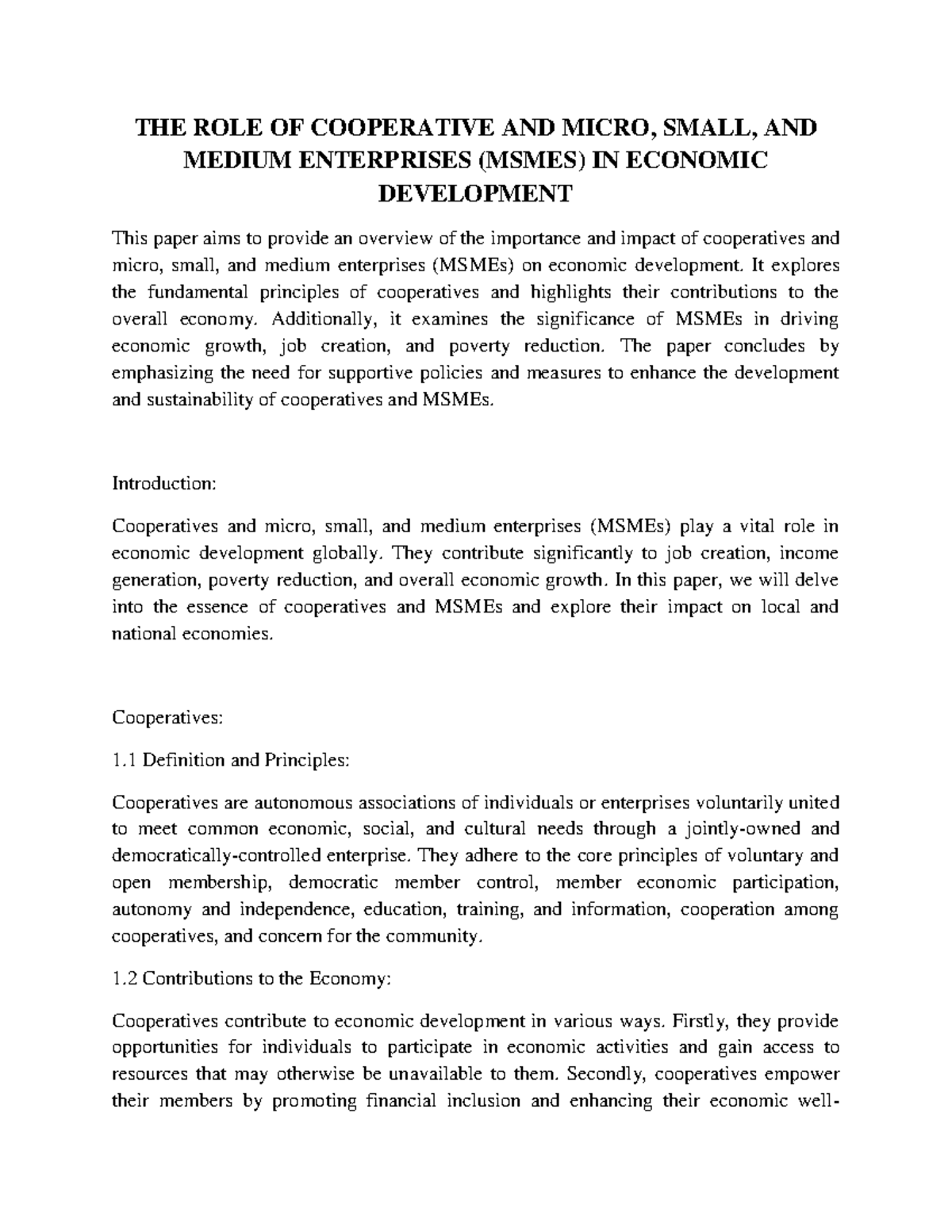 THE ROLE OF Cooperative AND Micro, Small, AND Medium Enterprises ...