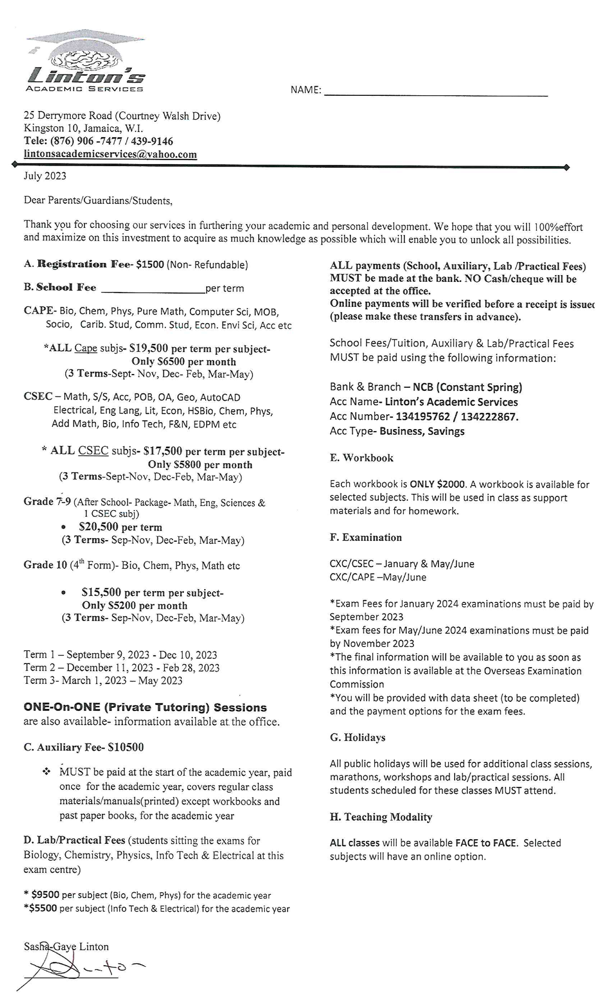 2023 Linton's Registration Information-1 - Chemistry - Studocu