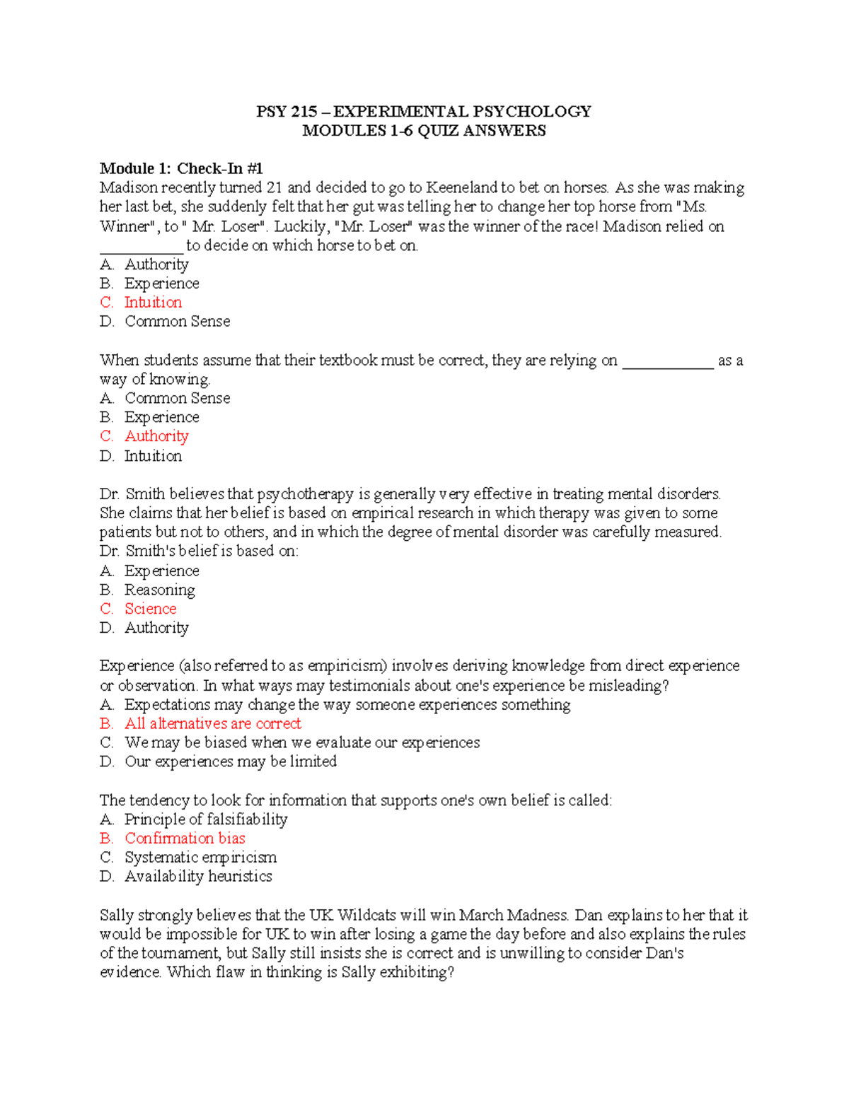 PSY 215 Modules 1-6 Check-In Answers - PSY 215 3 EXPERIMENTAL ...