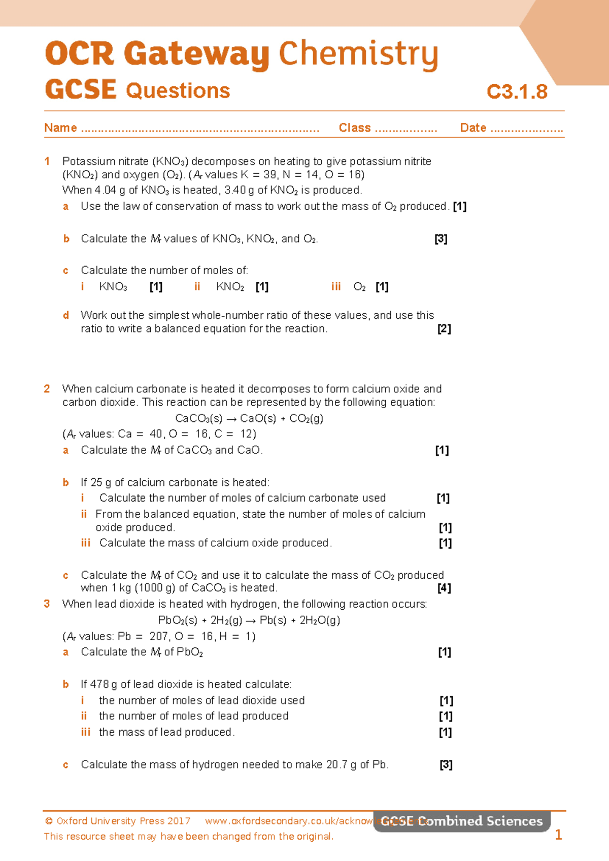 Chemistry Recap Mole Calculations - Questions C3. Name - Studocu