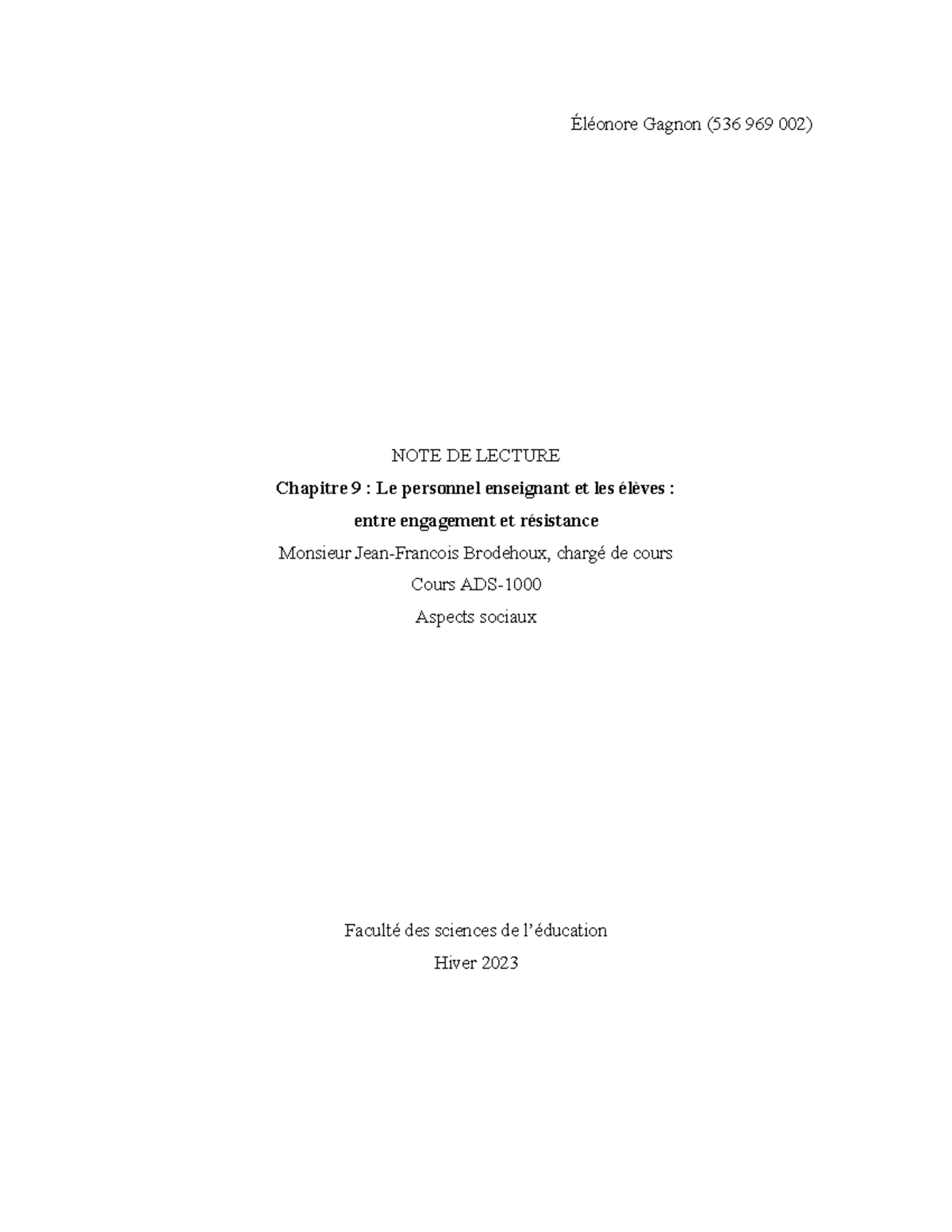 Éléonore Gagnon Note de lecture chapitre 9 - Éléonore Gagnon (536 969 002) NOTE DE LECTURE ...