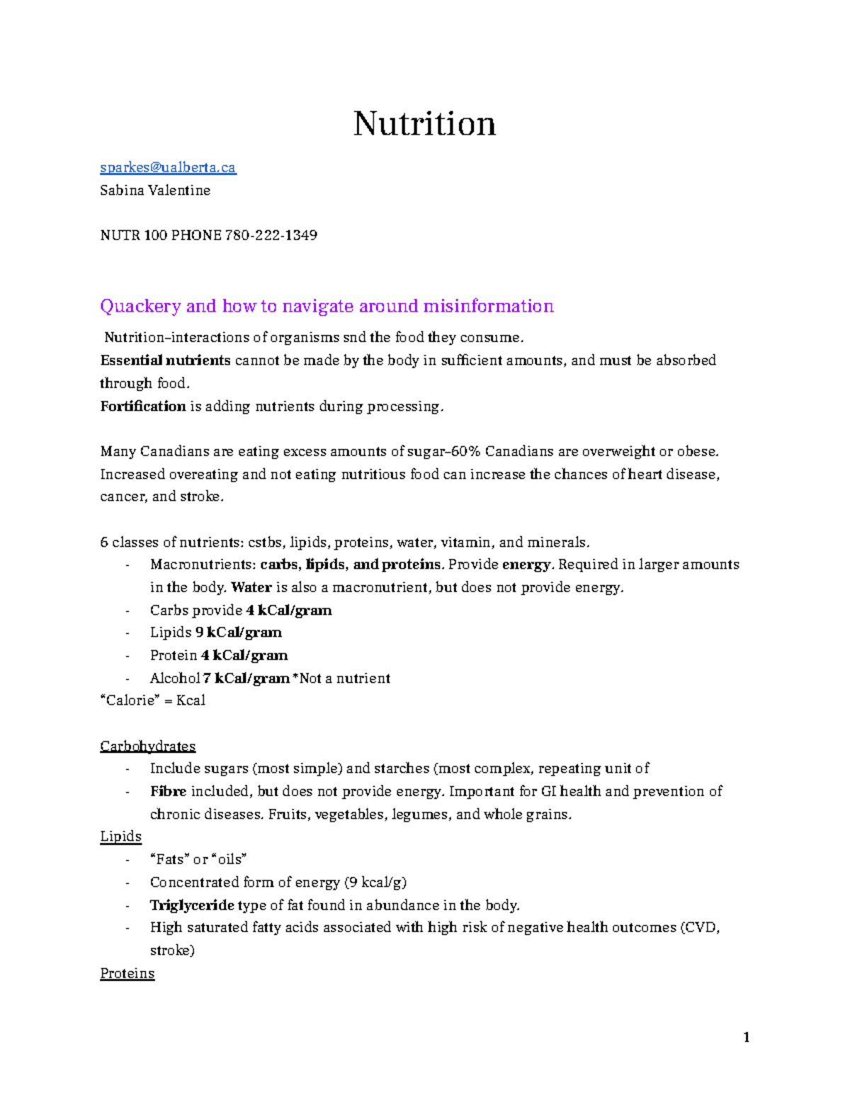 NUTR 100 Fall 2024 - Notes from ch 1 and ch 2 including readings ...