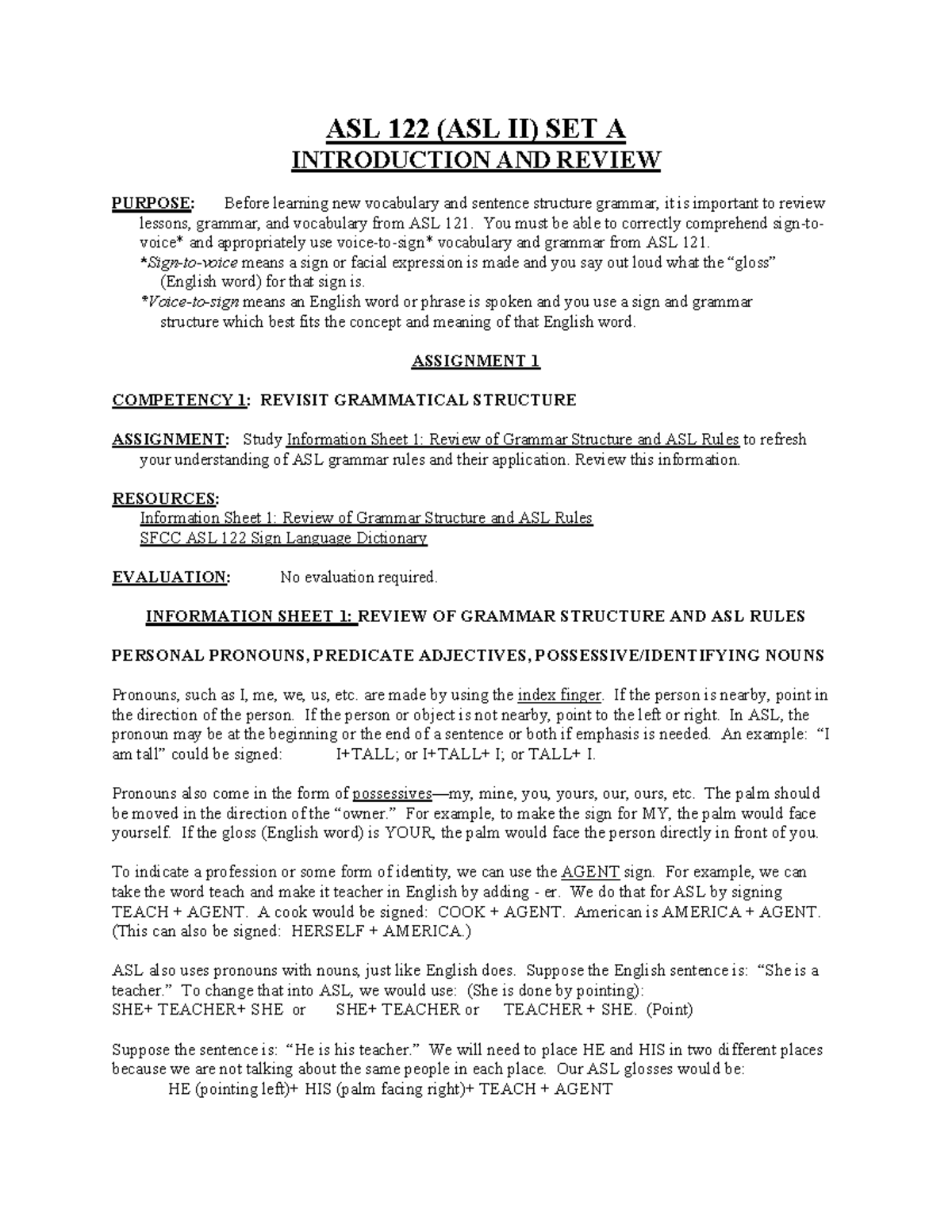 Revisit ASL Grammar and ASL Rules - ASL 122 (ASL II) SET A INTRODUCTION ...