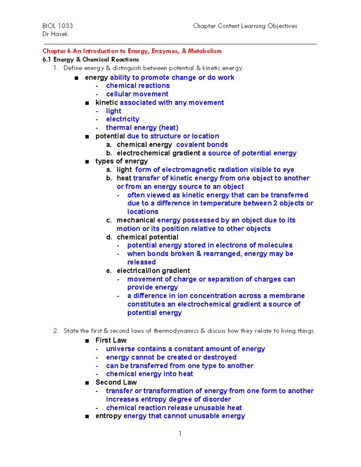 Exam 2 Biology - Exam 2 notes and study guide - Dr Hasek **Chapter 6 An ...