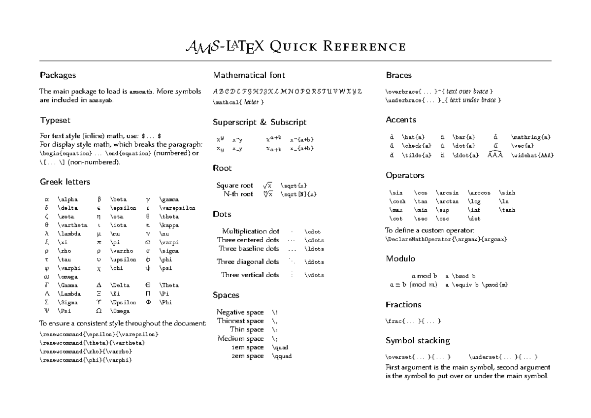 Amsmath - AMS- LATEX Q u i c k R e f e rence Packages The main package to load is amsmath. More ...