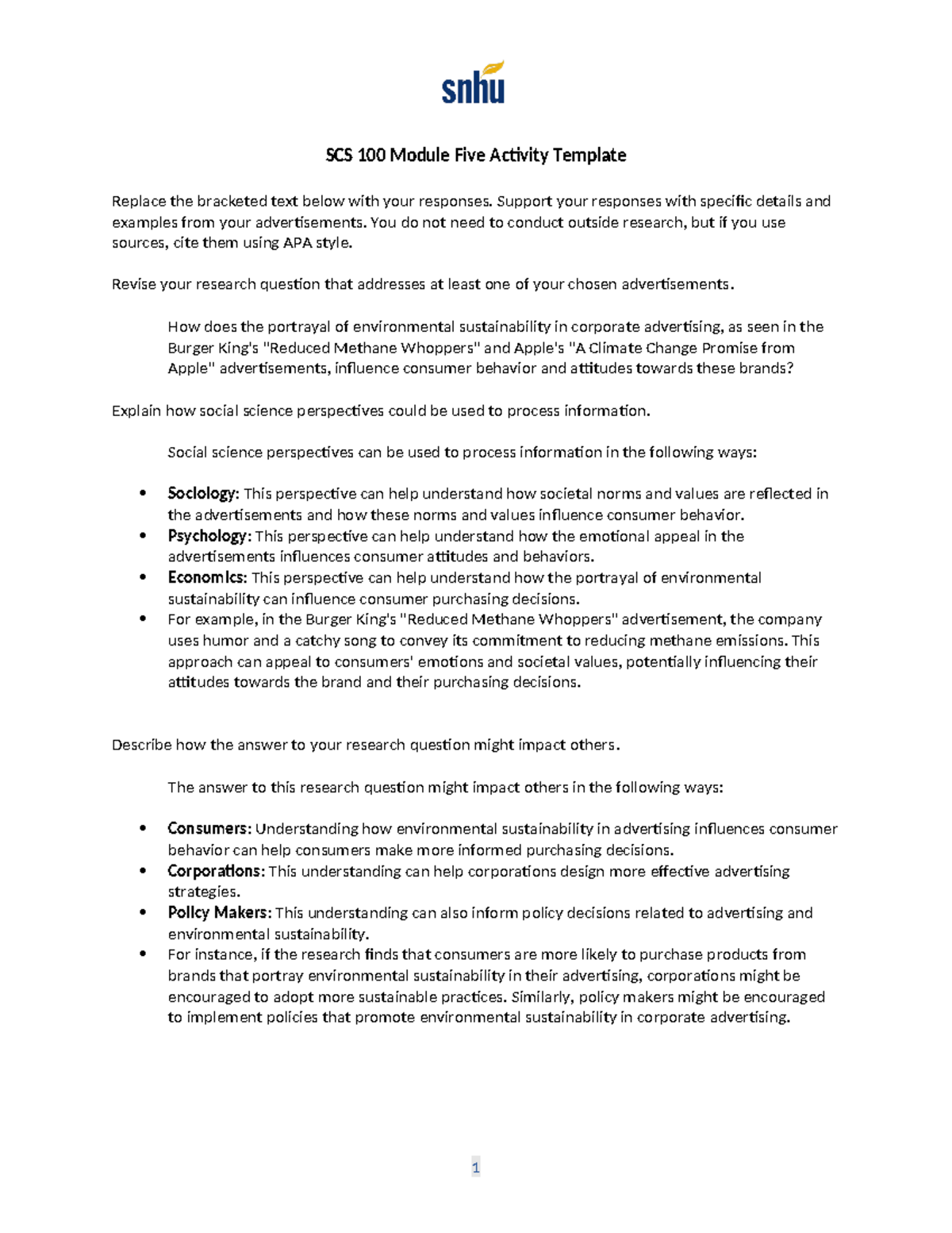SCS 100 Module Five Activity Template - SCS 100 Module Five Activity Template Replace the ...