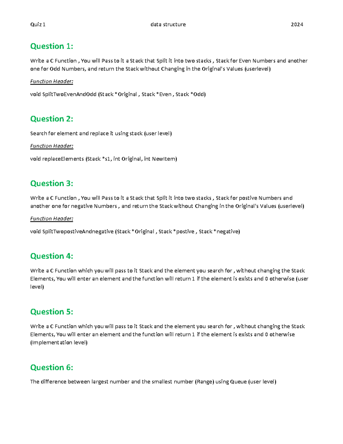 DS quiz 1 questions - data s - Quiz 1 data structure 2024 Question 1 ...