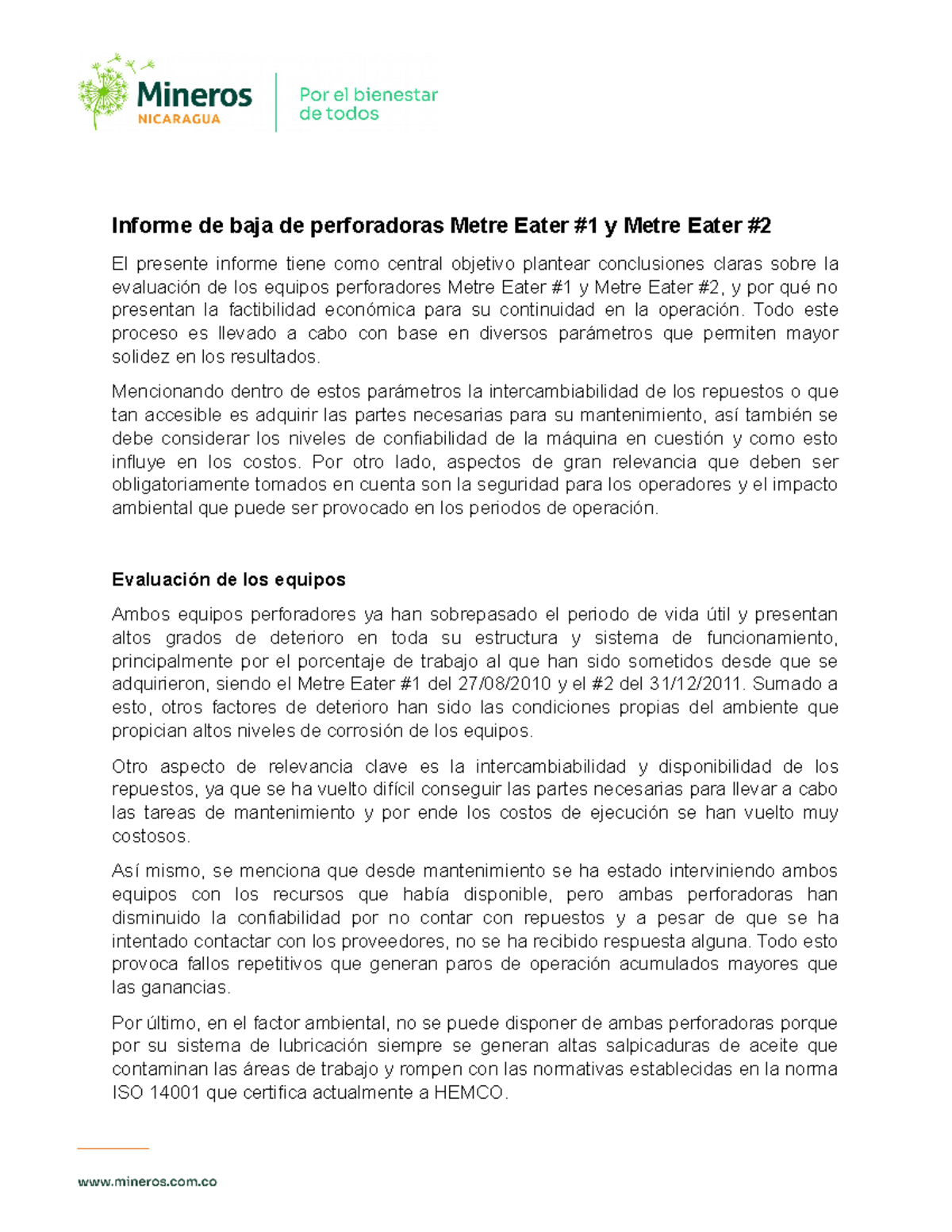 Informe de Metre Eater - Informe de baja de perforadoras Metre Eater #1 ...