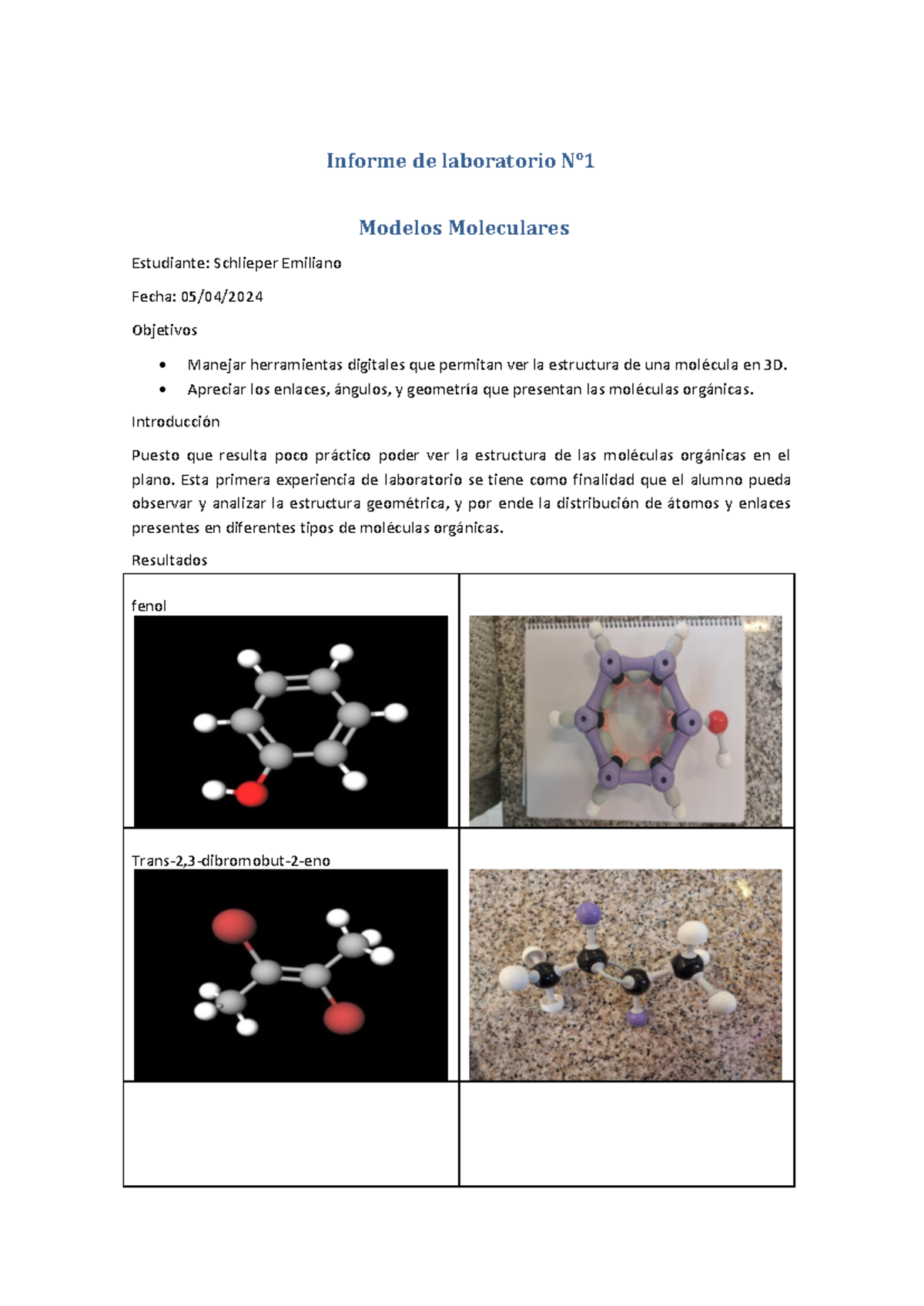Informe de laboratorio N1 Modelos Moleculares - Informe de laboratorio ...