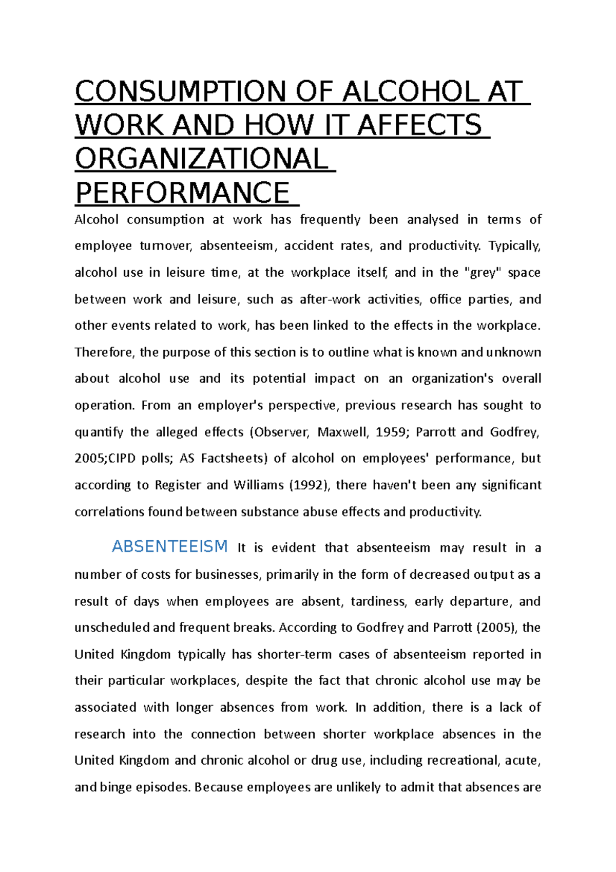 Consumption OF Alcohol AT WORK AND HOW IT Affects Organizational ...