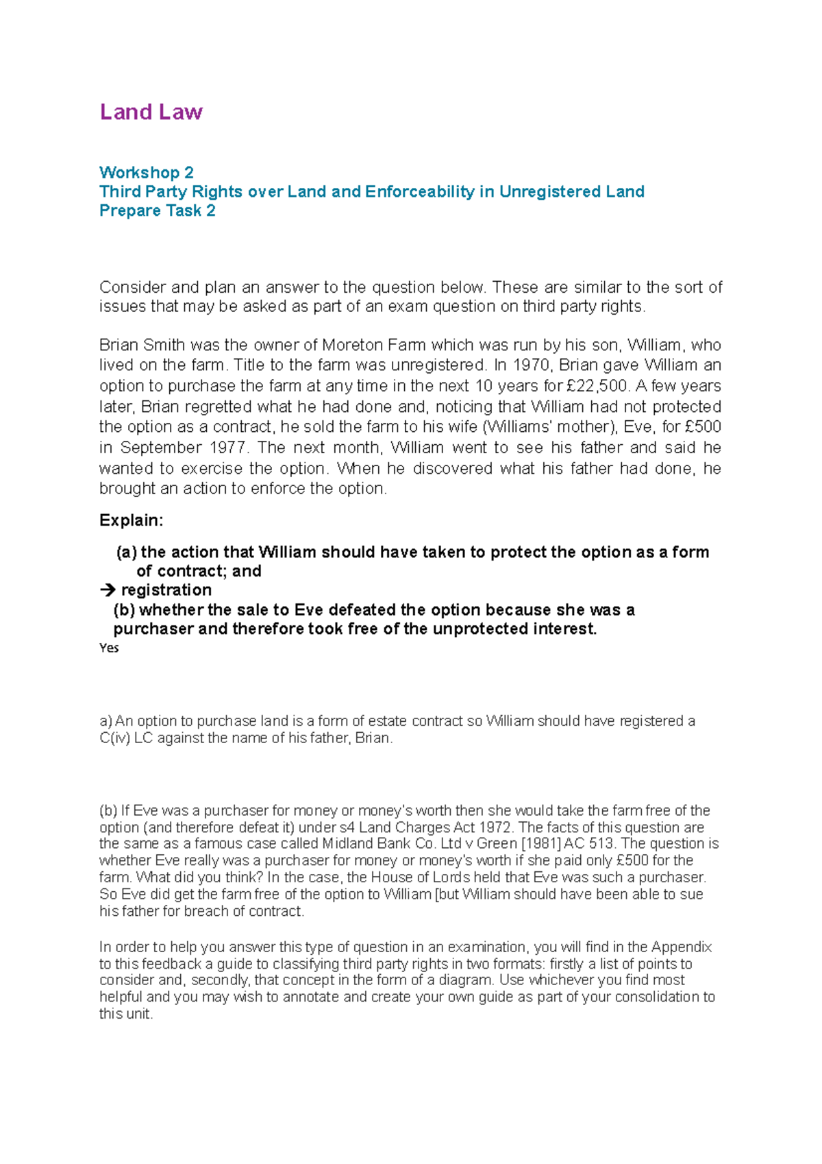 Land law WS2 task2 - Land law - Land Law Workshop 2 Third Party Rights ...