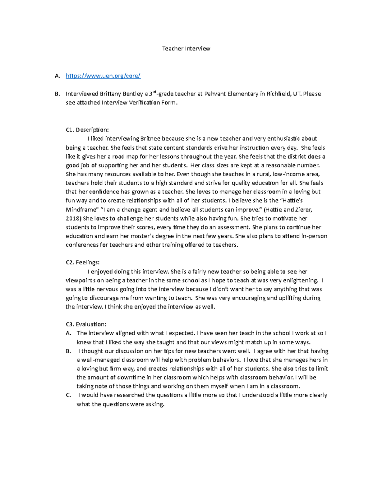 Teacher Interview - uen/core/ B. Interviewed Brittany Bentley a 3rd ...