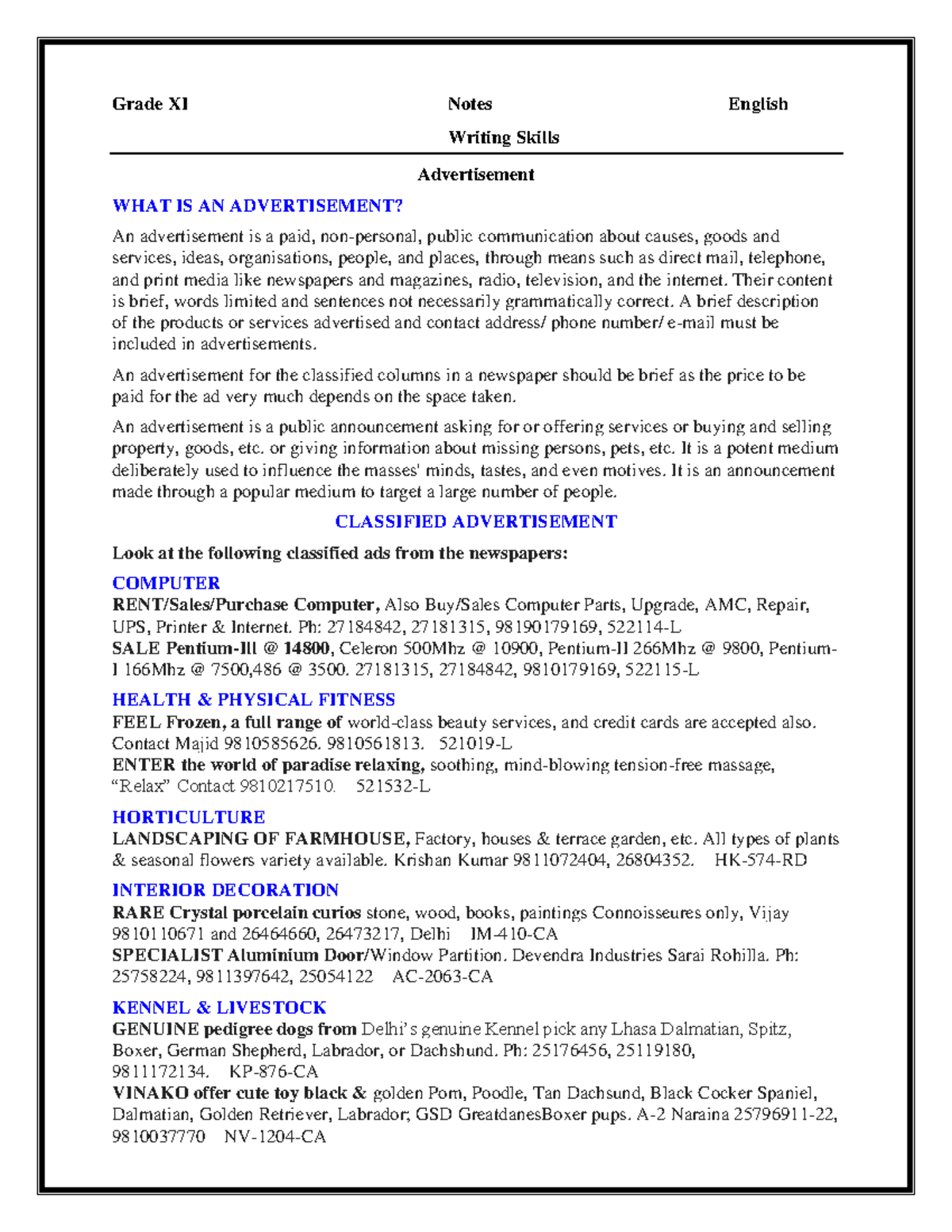 Class XI Advertisements Notes - Grade XI Notes English Writing Skills ...