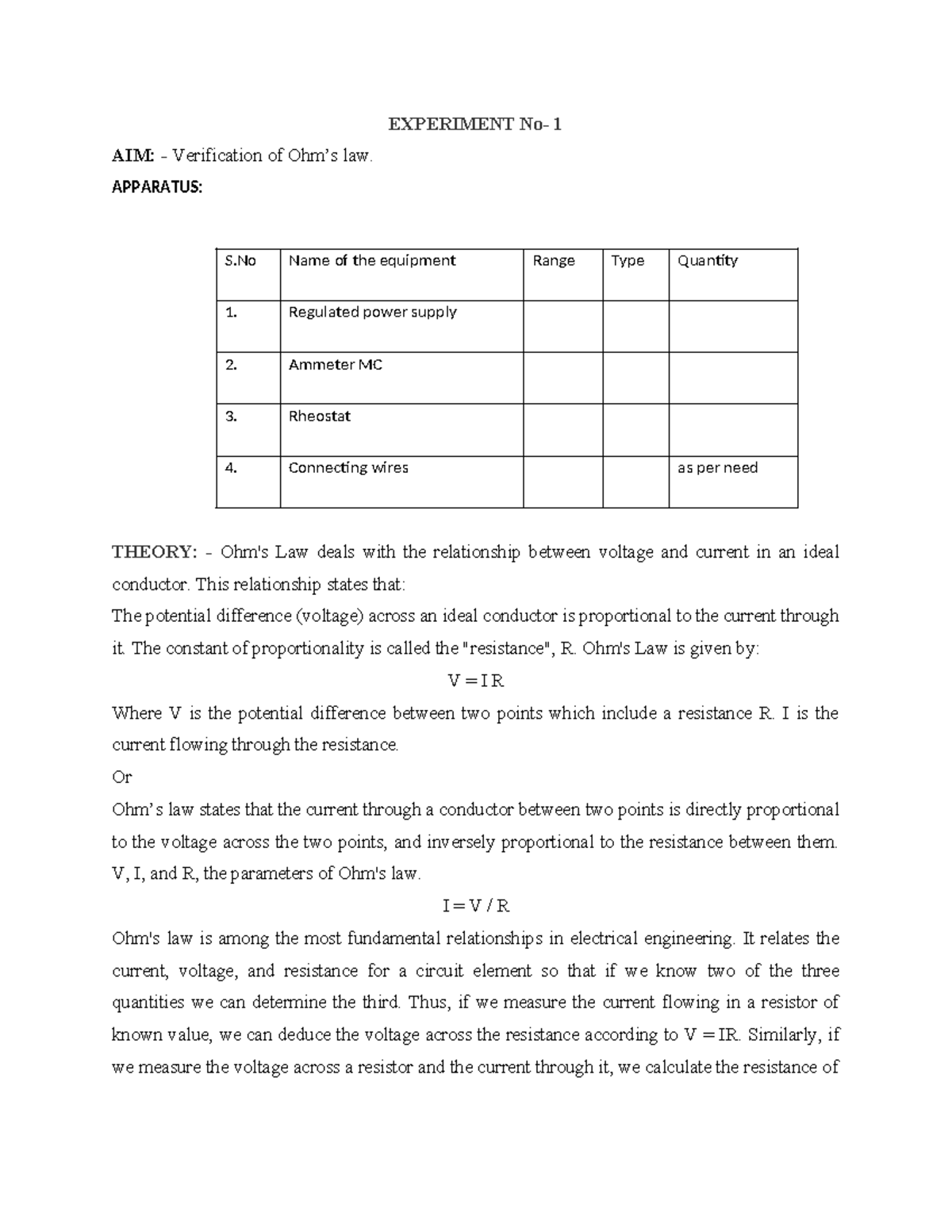 Circuits and measurements lab - EXPERIMENT No- 1 AIM: - Verification of Ohm’s law. APPARATUS: S ...