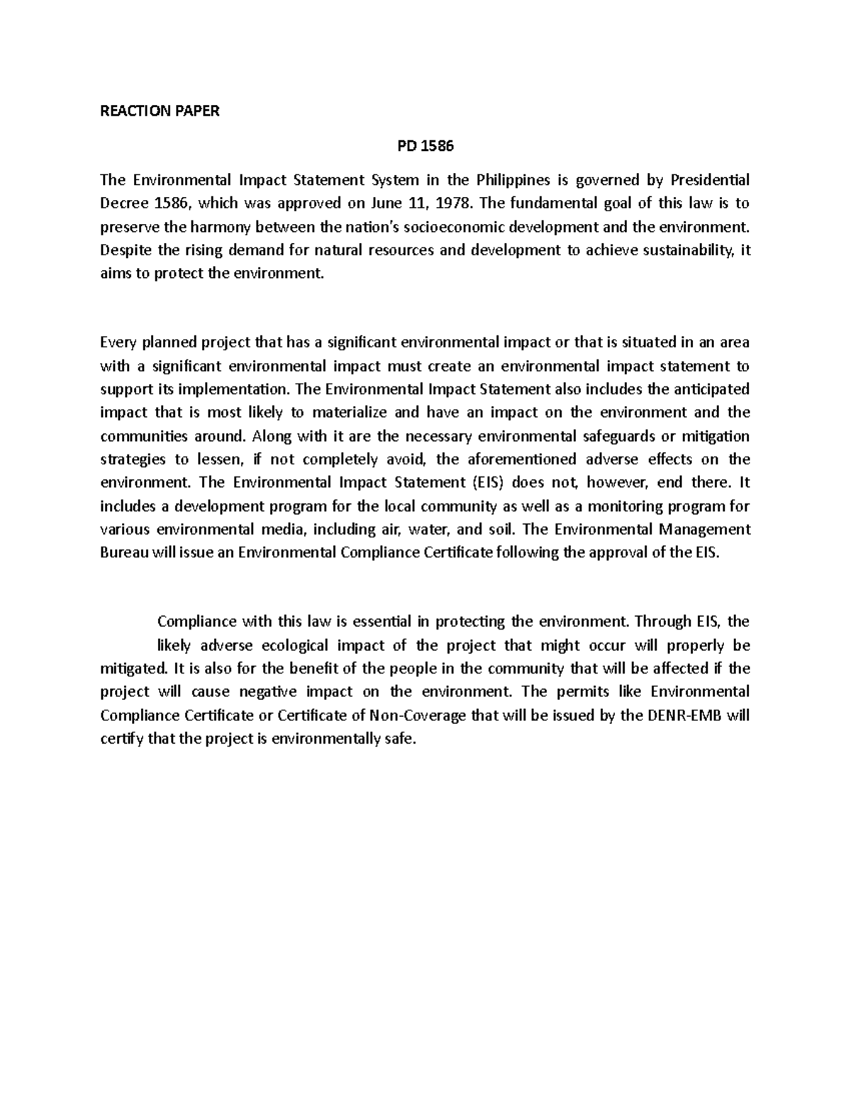 Reaction Paper - PD 1586 - REACTION PAPER PD 1586 The Environmental ...
