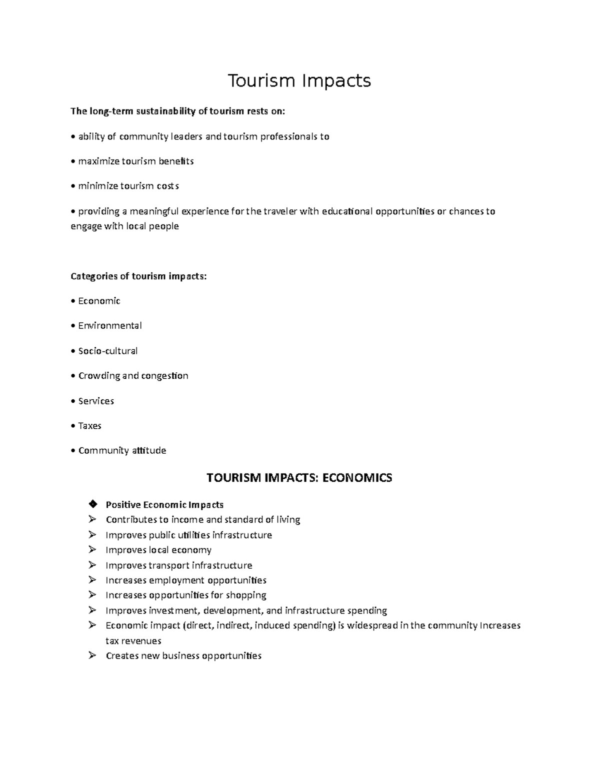 Tourism Impacts - Lecture notes 1 - Tourism Impacts The long-term ...