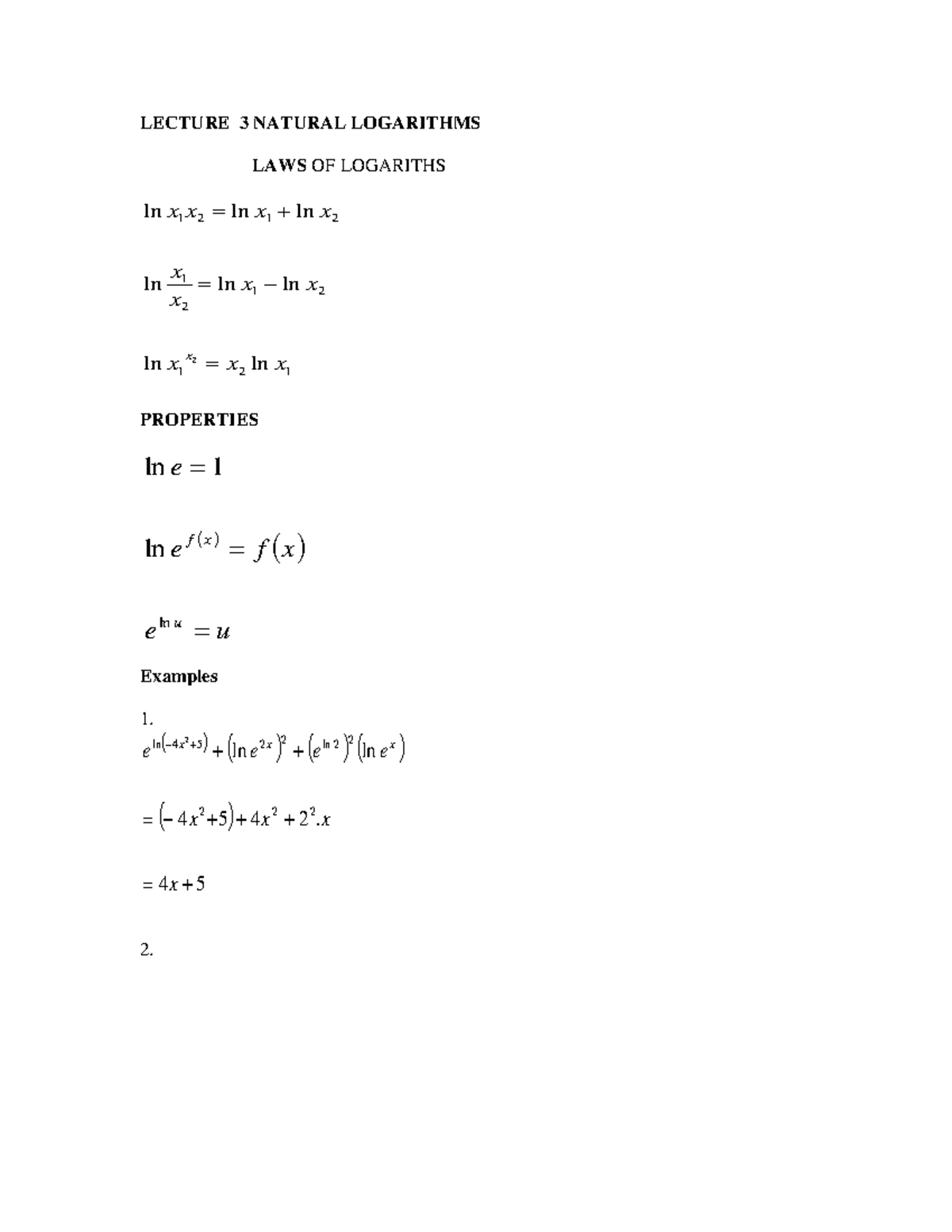 Natural Logarithms - LECTURE 3 NATURAL LOGARITHMS LAWS OF LOGARITHS 1 2 ...