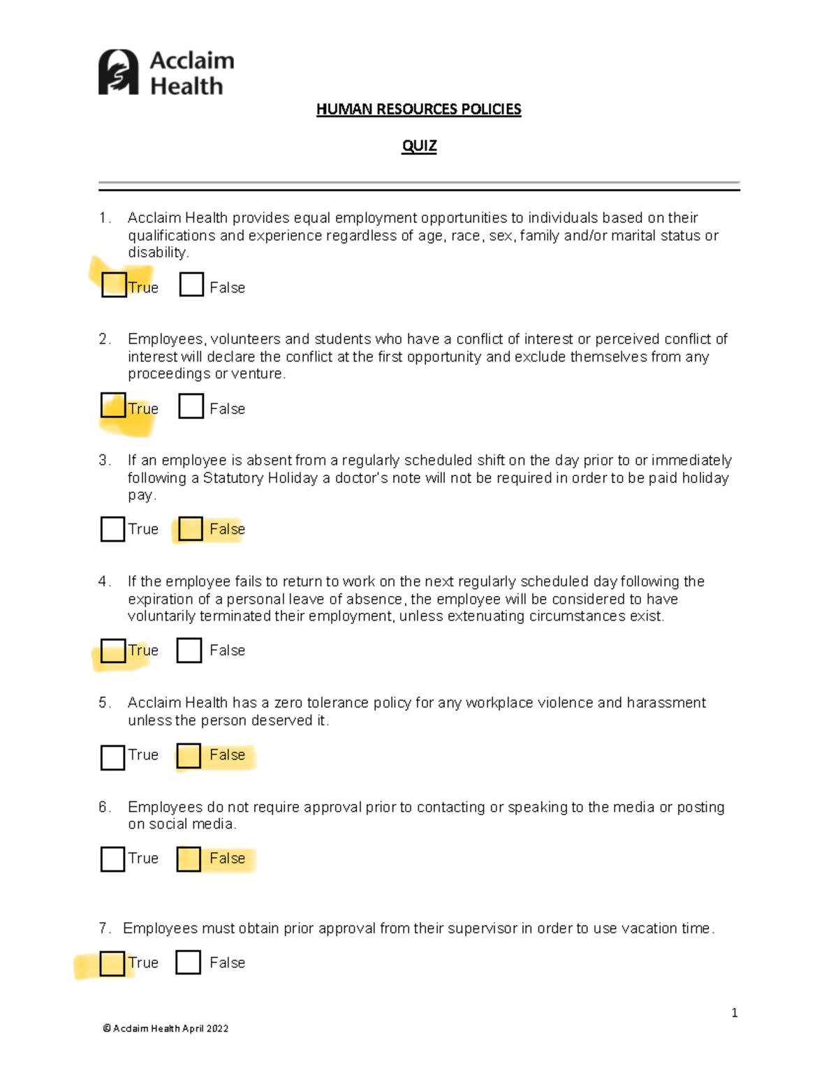 Human Resources Quiz - Fillable - 1 © Acclaim Health April 2022 HUMAN ...