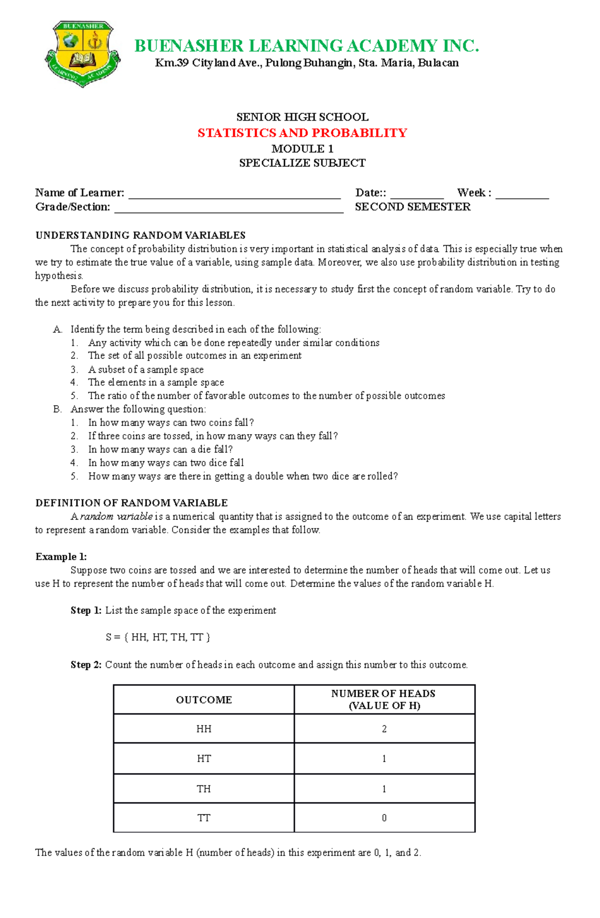 Chapter 1: Statistic and Probability Lesson 1 - BUENASHER LEARNING ...