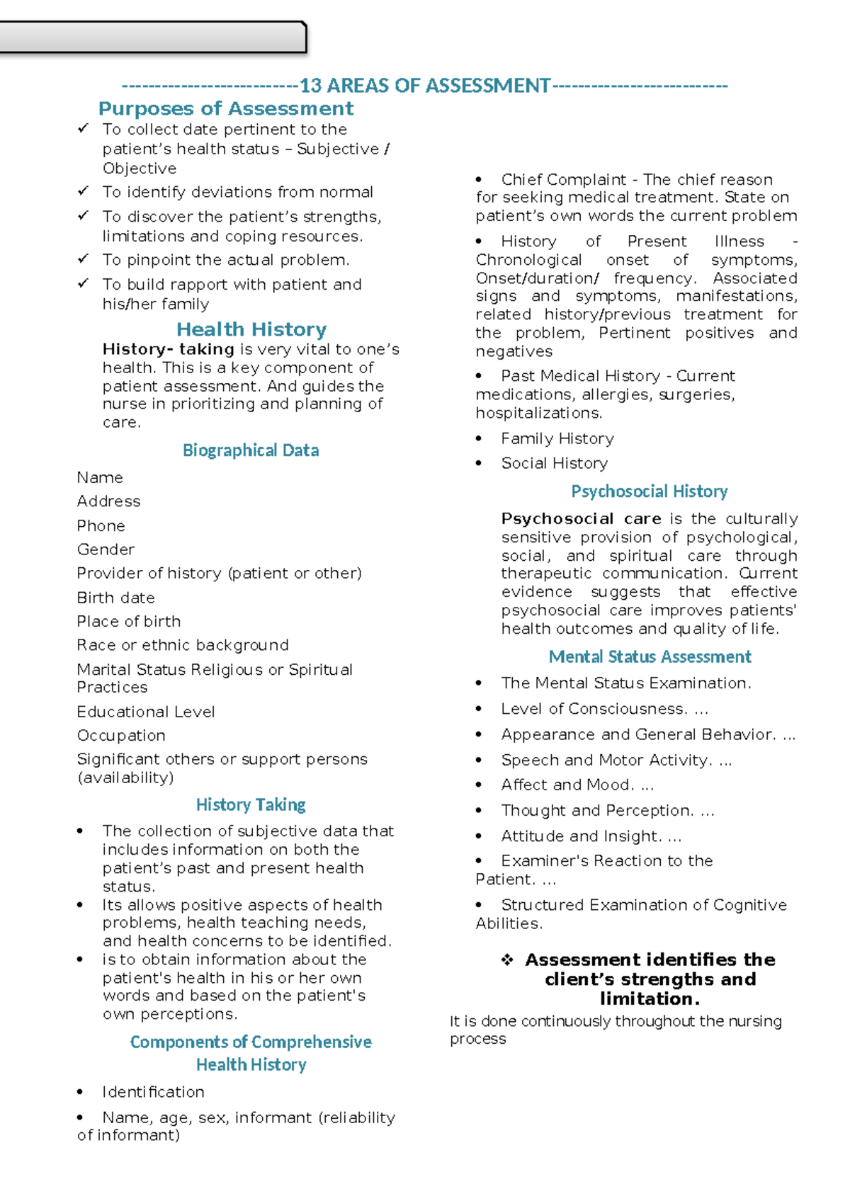 13 Areas OF Assessment -13 AREAS OF ASSESSMENT- Purposes of Assessment ...