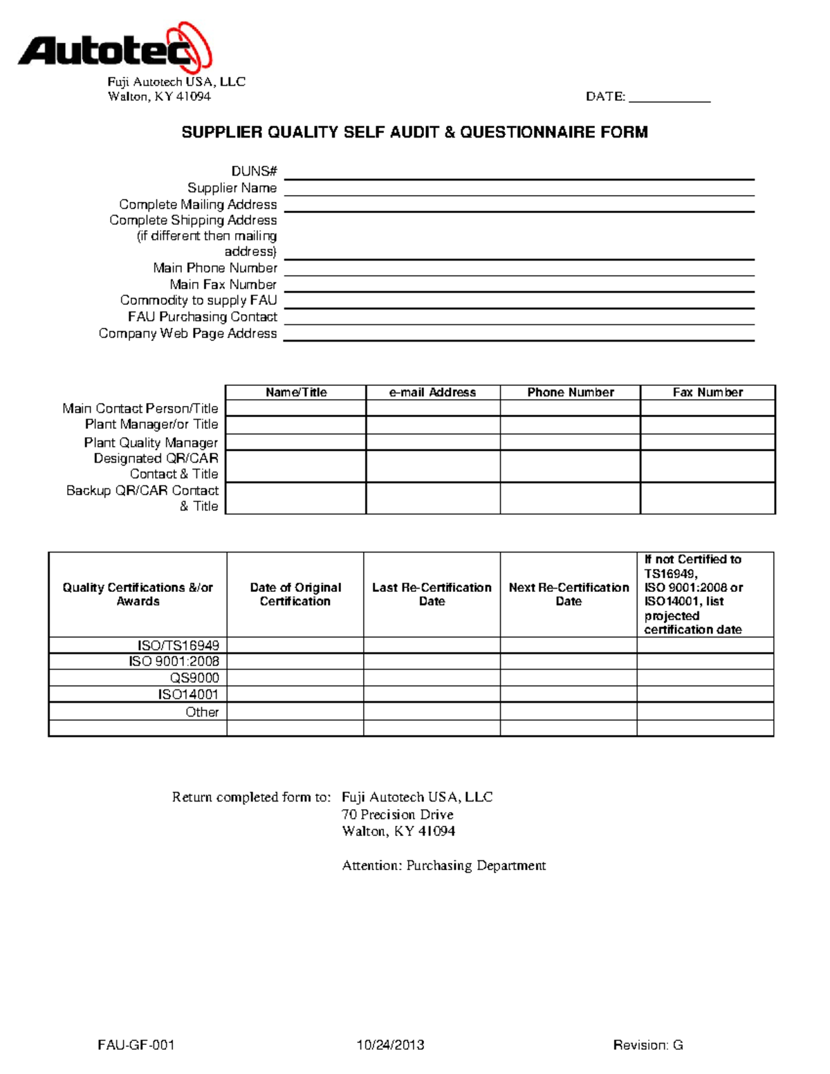 New Supplier Form Autotec - Fuji Autotech USA, LLC Walton, KY 41094 ...