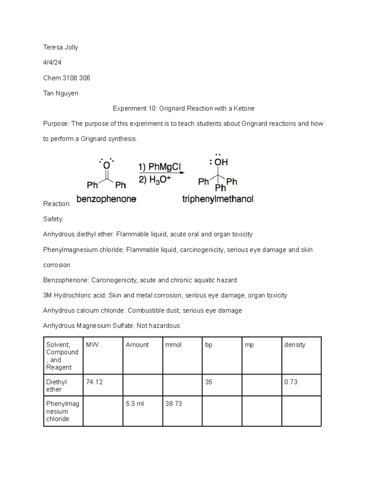 Chem 3106 Experiment 10 - Teresa Jolly 4/4/ Chem 3106 306 Tan Nguyen ...