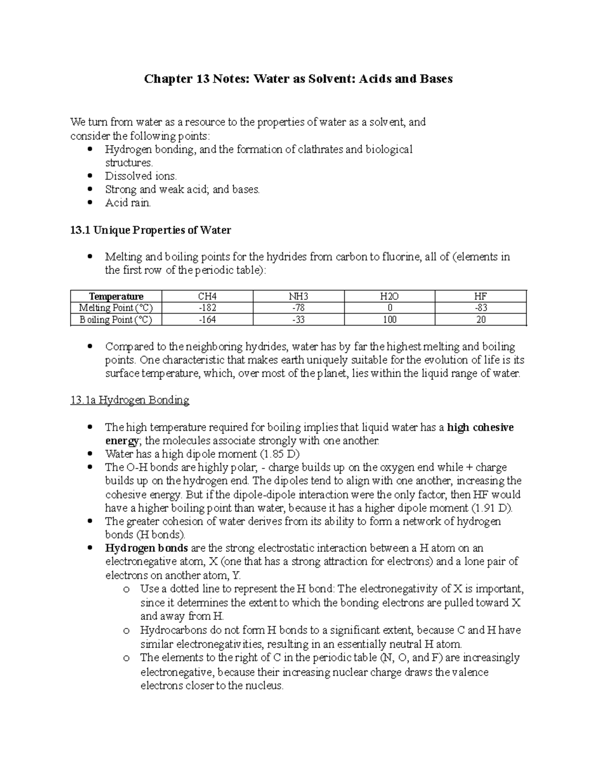 ENVS 274 Chapter 13 Notes - Chapter 13 Notes: Water as Solvent: Acids ...