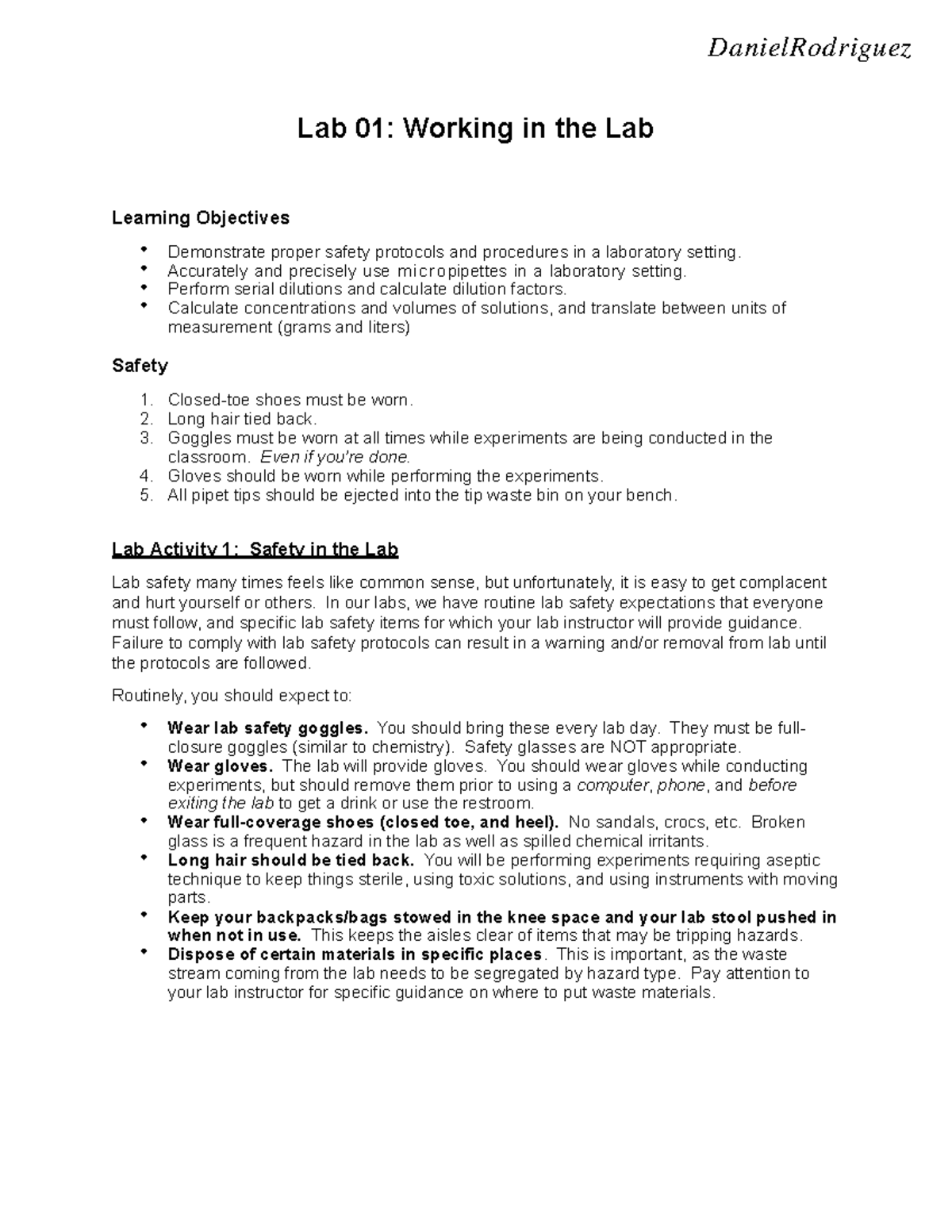 Working in a lab - Lab 01: Working in the Lab Learning Objectives ...