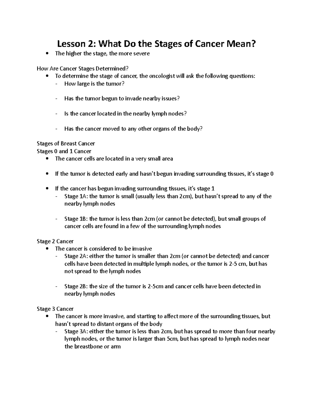 Lesson 2 What Do the Stages of Cancer Mean - o Forming swelling ...