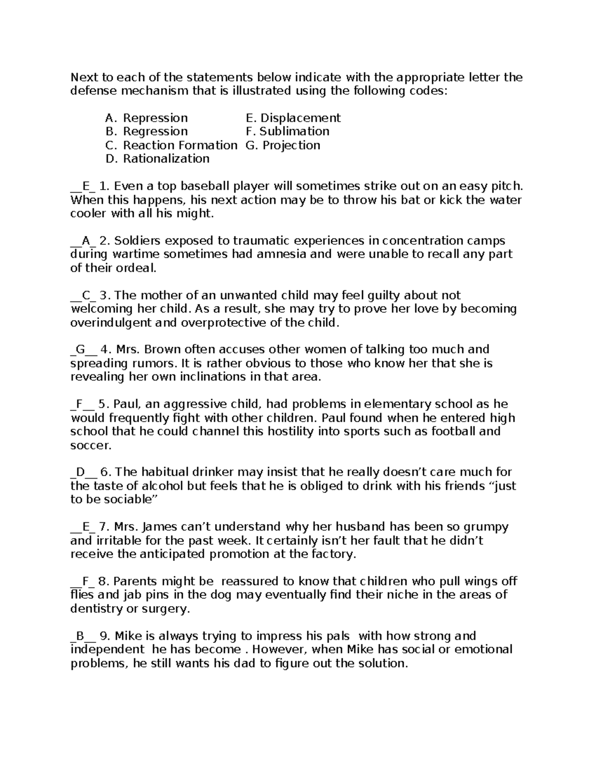 Defense Mechanisms Worksheet - Next to each of the statements below ...