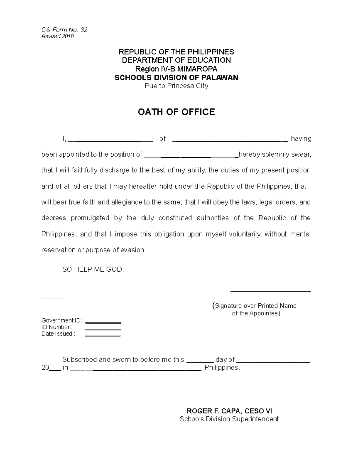 OATH OF Office Blank - CS Form No. 32Revised 2018 REPUBLIC OF THE ...