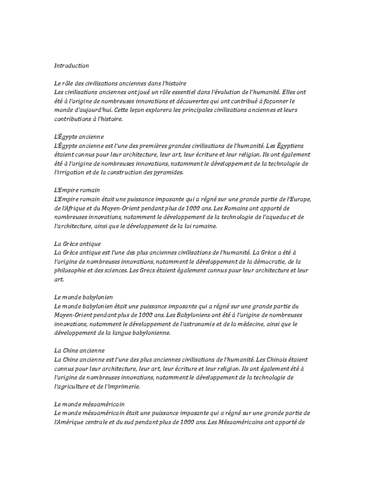Ancient History Study Notes - Introduction Le rôle des civilisations ...