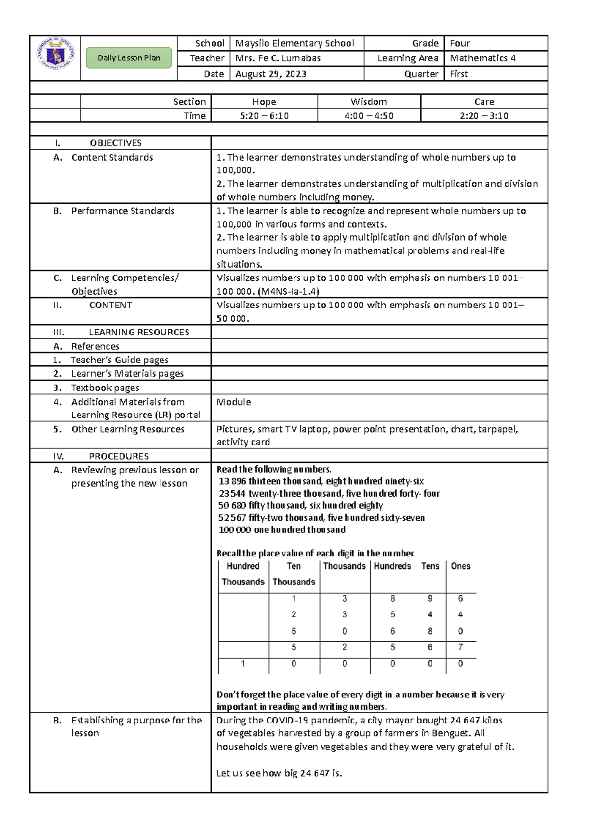 Grade 4 DLP MATH- August 29-SEPT 1-2023-WEEK 1 - School Maysilo ...
