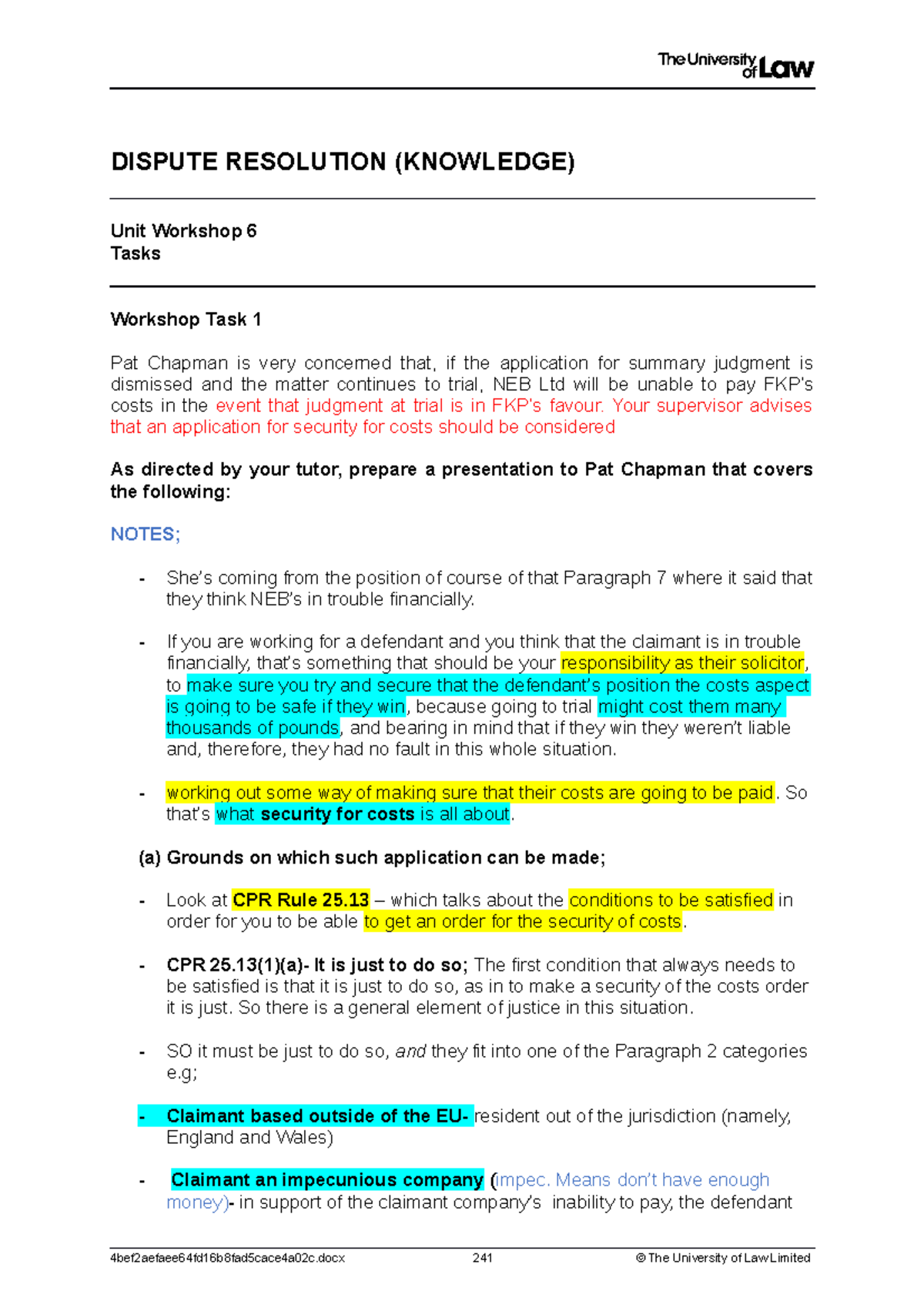 Dispute 6 Tasks - DISPUTE RESOLUTION (KNOWLEDGE) Unit Workshop 6 Tasks ...