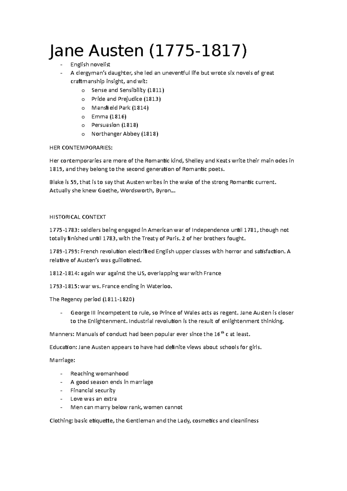 Jane Austen - Lecture notes 5 - Jane Austen (1775-1817) English ...