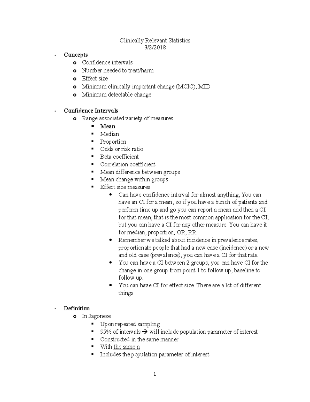 531 week 4 Clinically Relevant Statistics Notes - Clinically Relevant ...