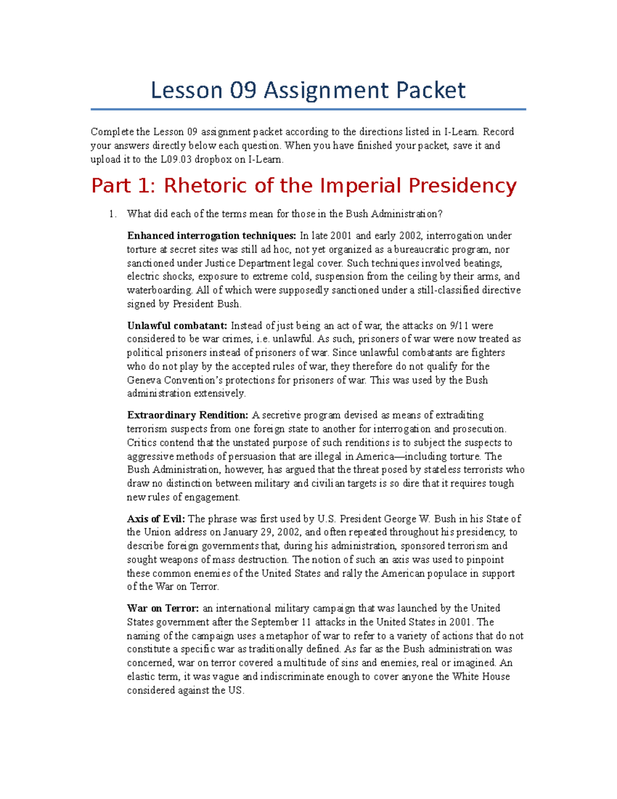 Lesson 09 Assignment Packet - Lesson 09 Assignment Packet Complete the Lesson 09 assignment ...