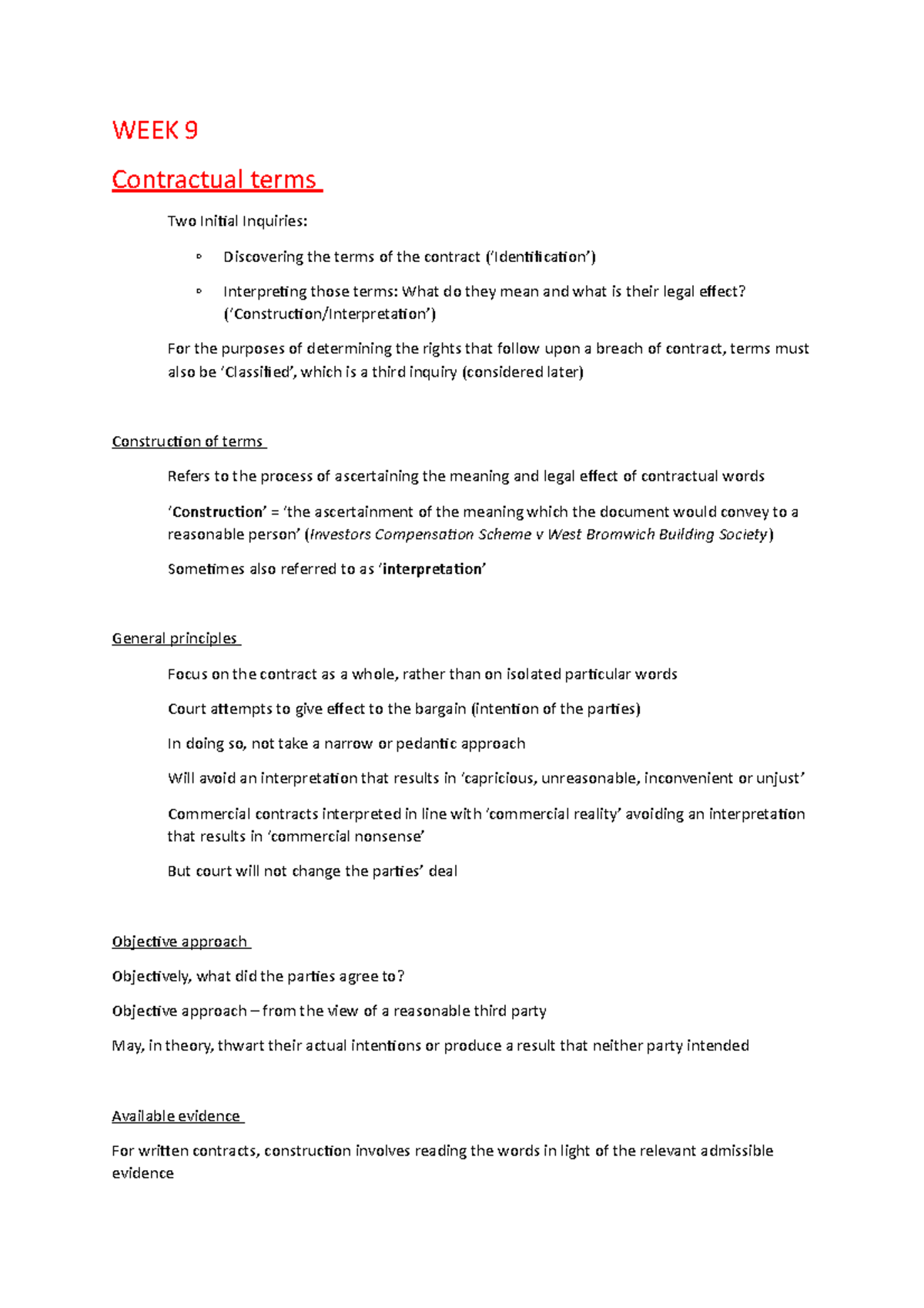 Contractual terms - contract - WEEK 9 Contractual terms Two Initial Inquiries: Discovering the ...