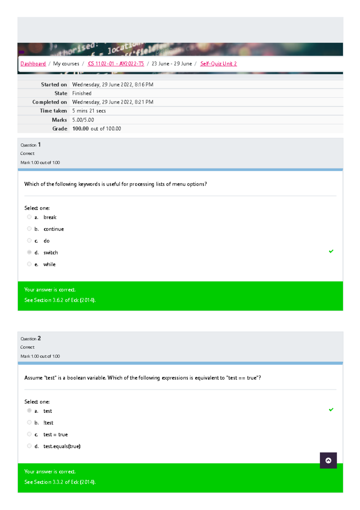 CS1102 - Self-Quiz Unit 2 Attempt review - Started on Wednesday, 29 June 2022, 8:16 PM State ...