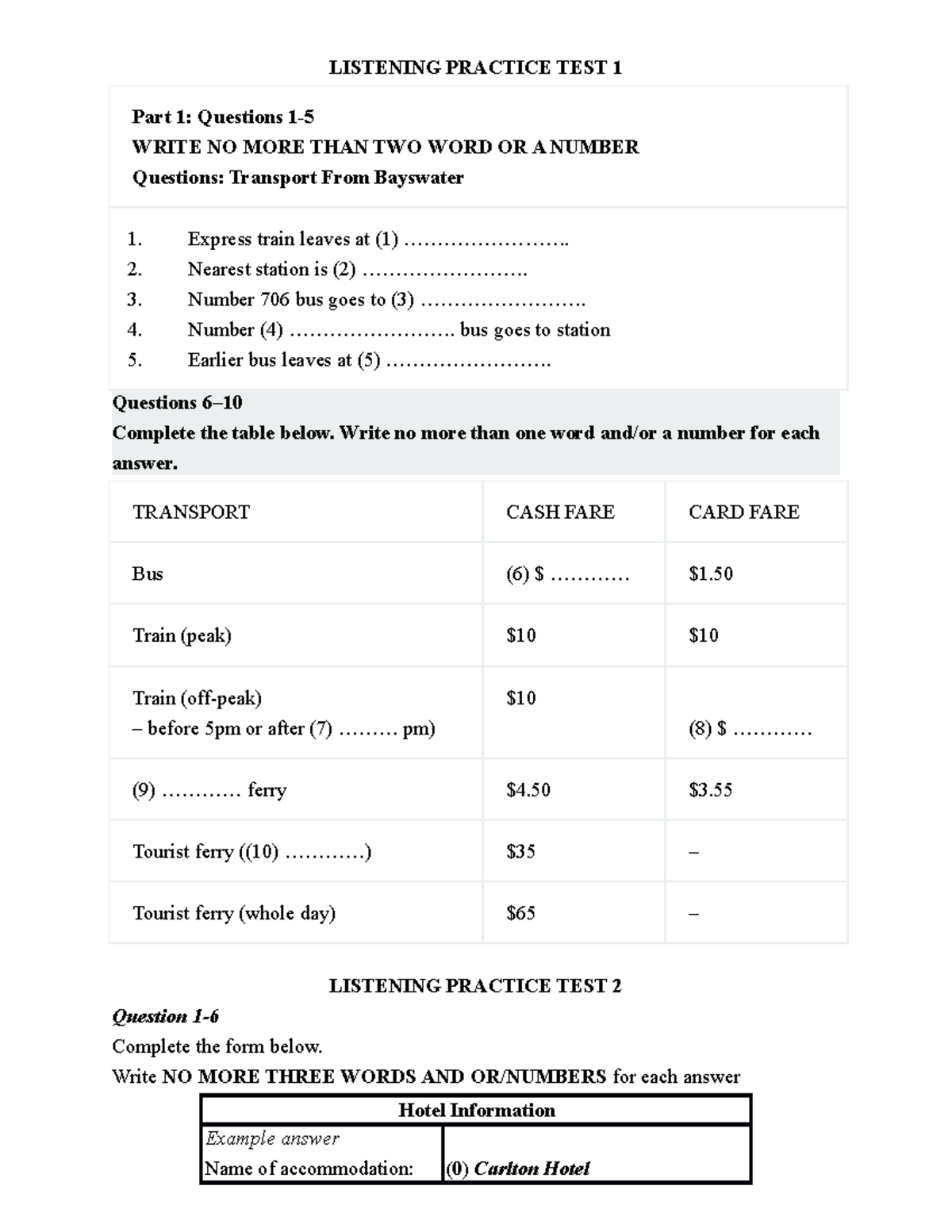 Listening Practice TEST 1 - LISTENING PRACTICE TEST 1 Part 1: Questions ...
