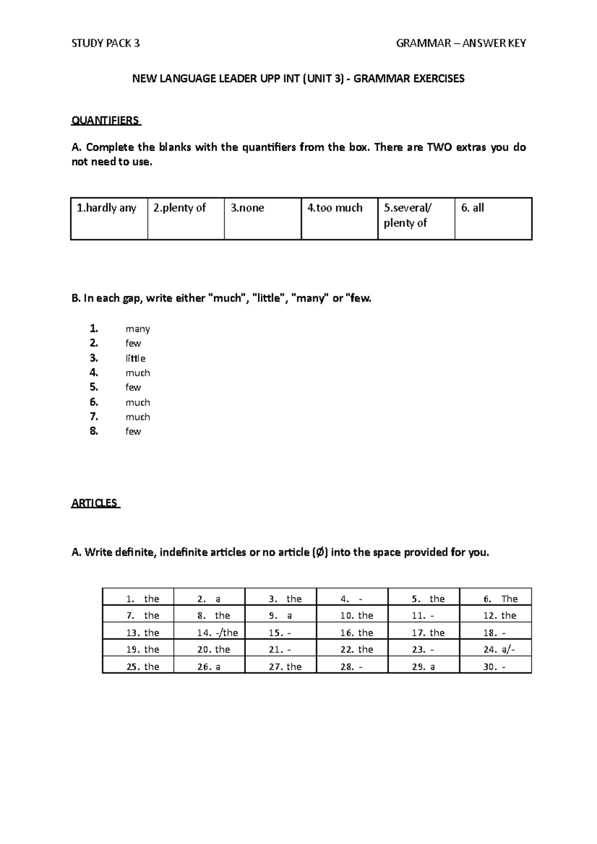 SP 3 - Grammar Answer KEY - STUDY PACK 3 GRAMMAR – ANSWER KEY NEW ...