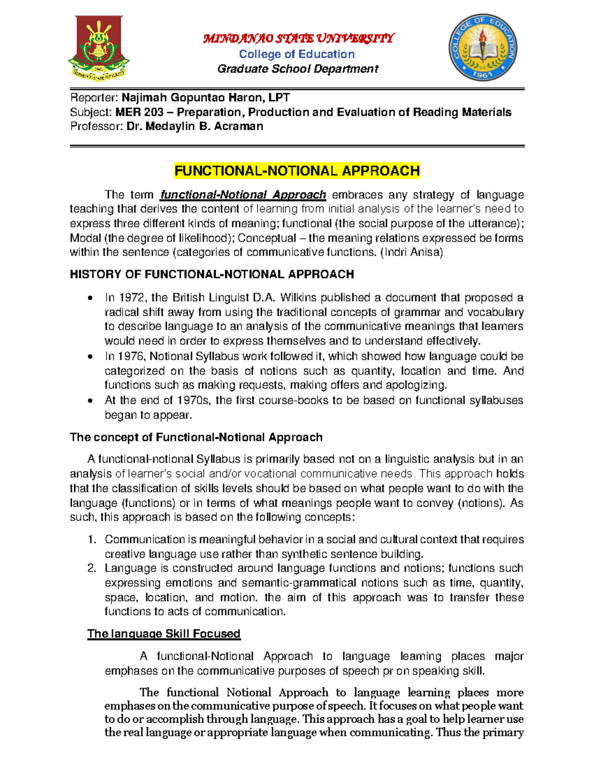 Functional- Notional Approach - Handouts - MINDANAO STATE UNIVERSITY ...
