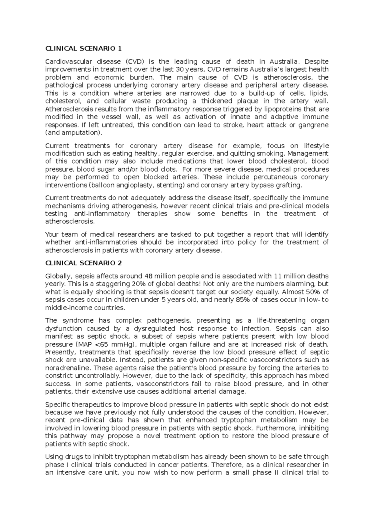 Clinical Scenarios AT3 - CLINICAL SCENARIO 1 Cardiovascular disease ...