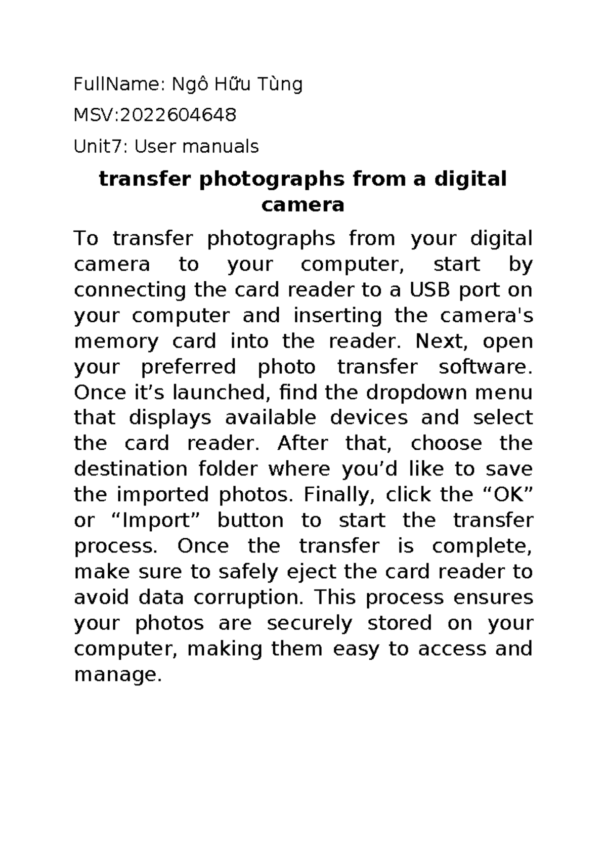 Ngo Huu Tung 2022604648 unit7 - FullName: Ngô Hữu Tùng MSV: Unit7: User manuals transfer ...
