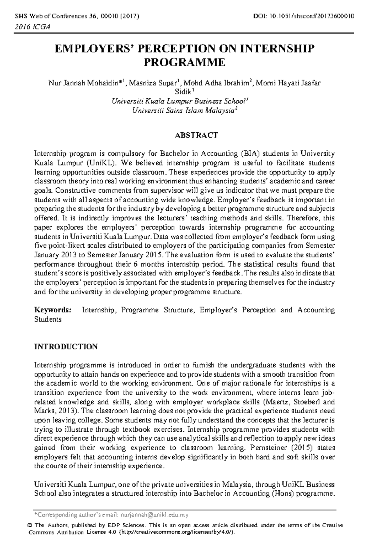 Employers Perception on Internship Programme - *Corresponding author’s email: nurjannah@unikl ...