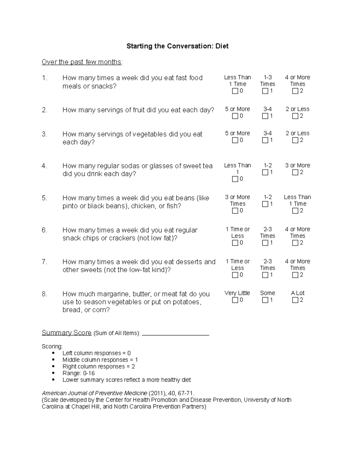 Nutrition Screen - Starting the Conversation: Diet Over the past few ...