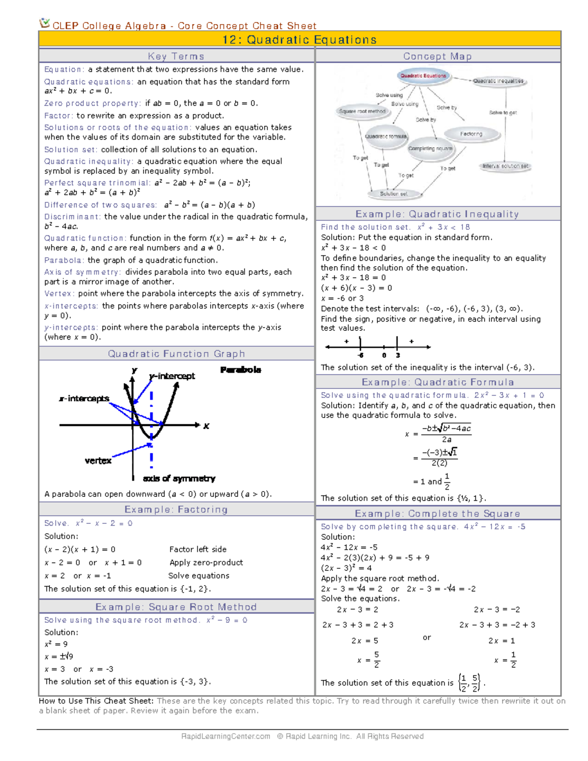 CAL CS12 Quadratic Equations - RapidLearningCenter © Rapid Learning Inc ...