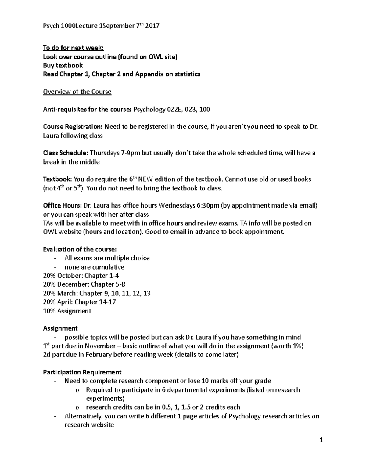 Psych 1000 TA Notes - Lecture 1 - 003 Sept 17 - To do for next week ...