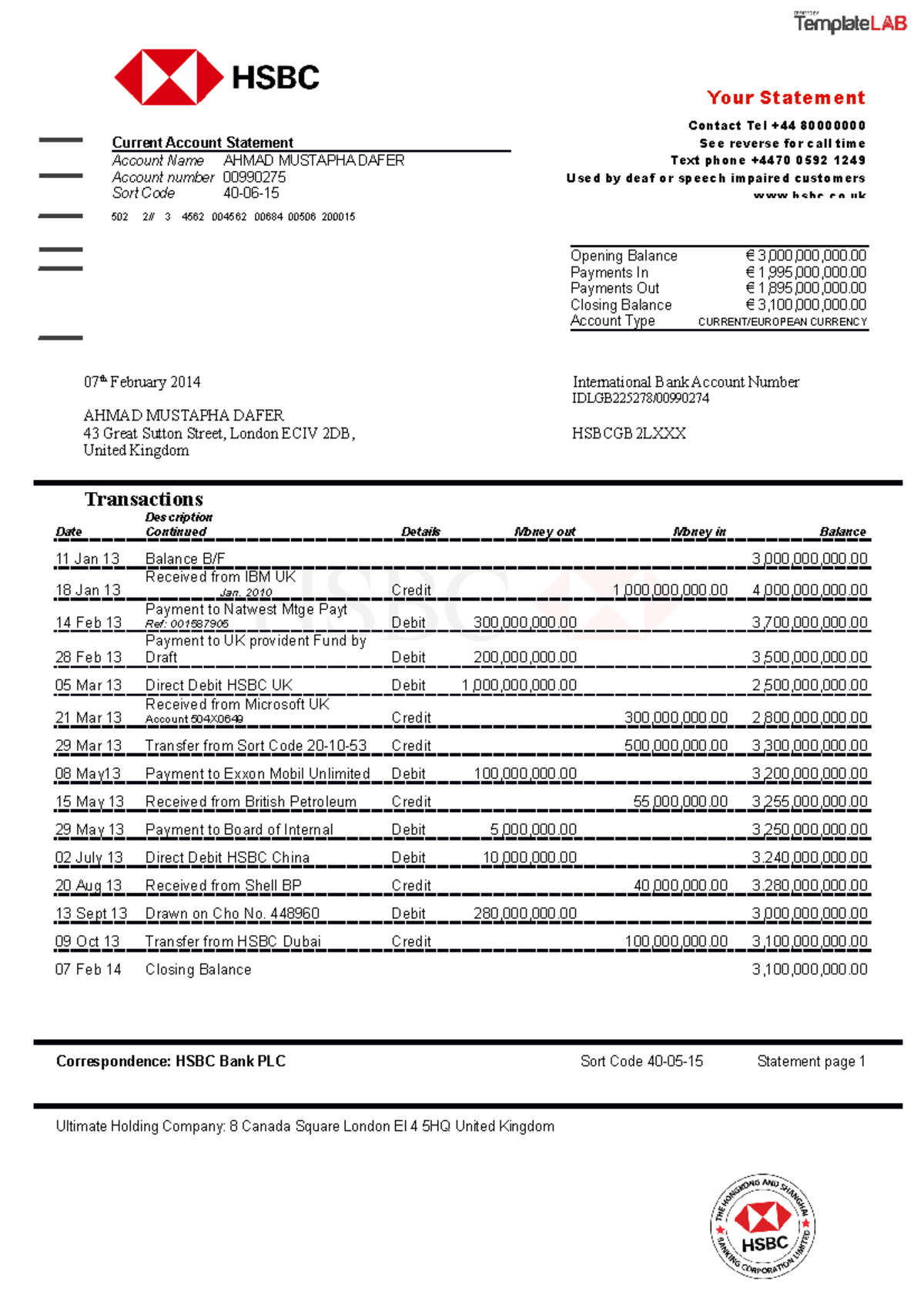 HSBC Bank Statement - Template Lab - Current Account Statement Account ...