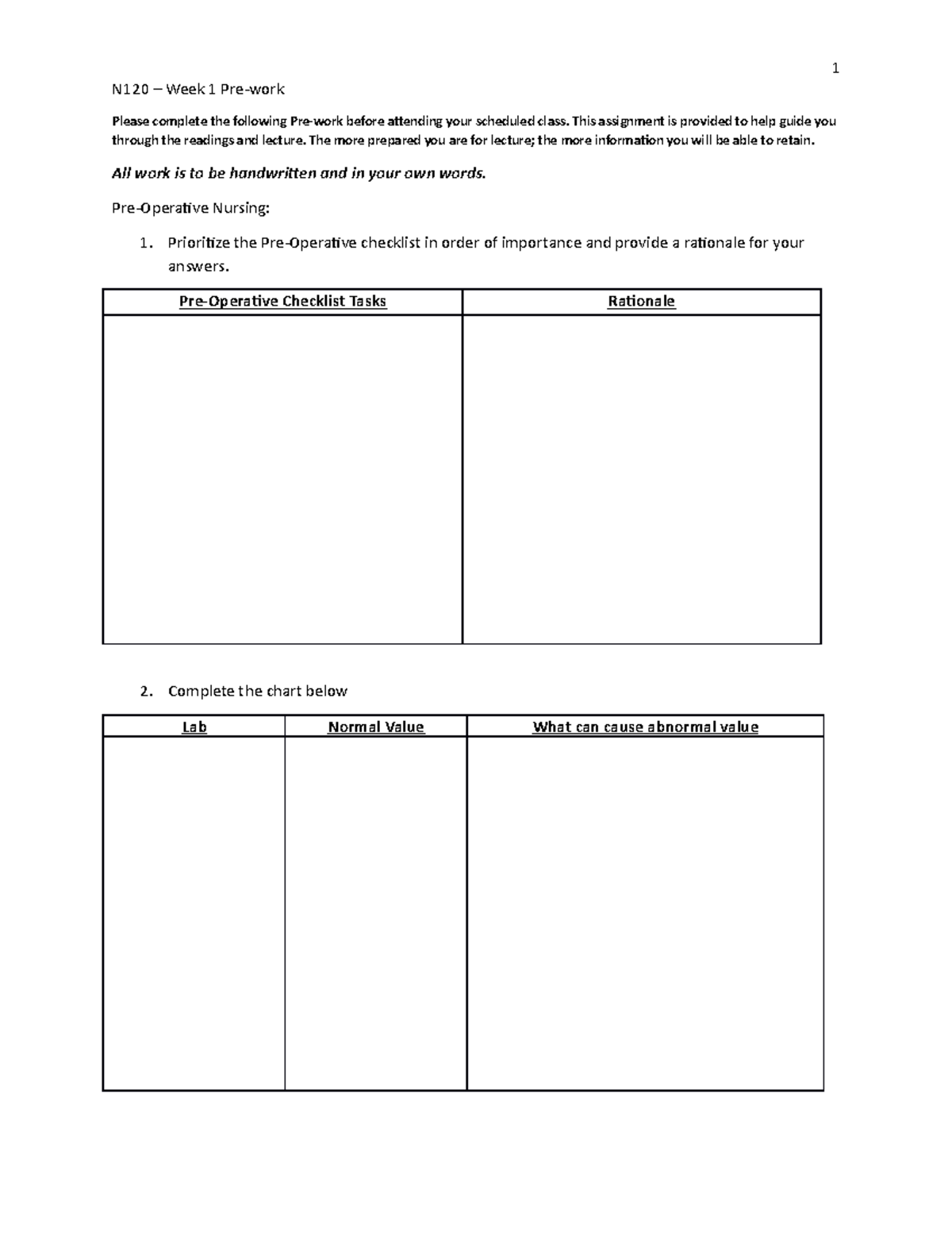 Week 1 Peri-Operative Class Prep Worksheets - N120 – Week 1 Pre-work ...